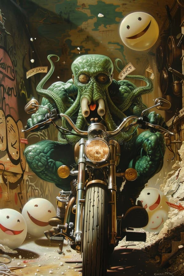 A Cartoon Monster with Tentacles on a Motorcycle. Illustration Stock ...