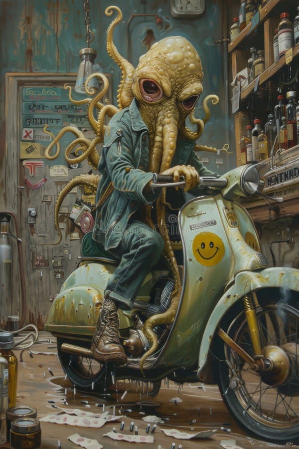 A Cartoon Monster with Tentacles on a Motorcycle. Illustration Stock ...