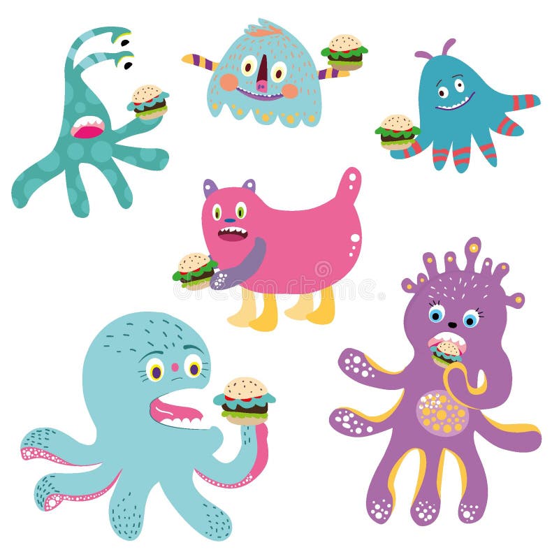 Cartoon Monsters Eating Burgers Stock Vector - Illustration of funny ...
