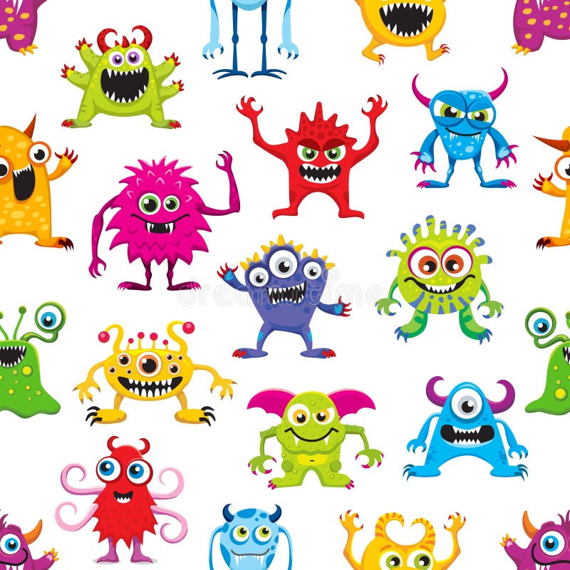 Cartoon Monsters Pattern, Funny Mutant Creatures Stock Vector - Illustration of cute, happy ...
