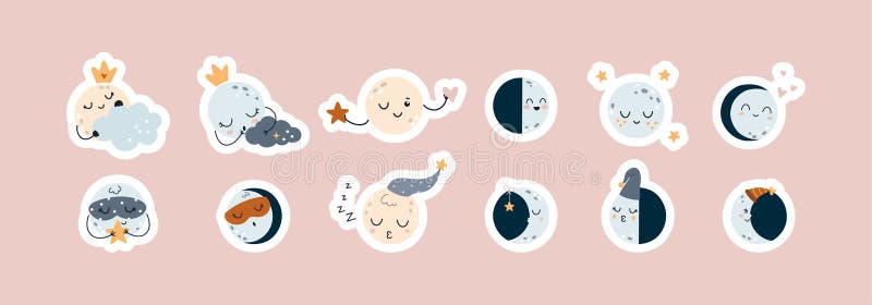 Cartoon Moon Phases Stickers Stock Vector - Illustration of festival ...