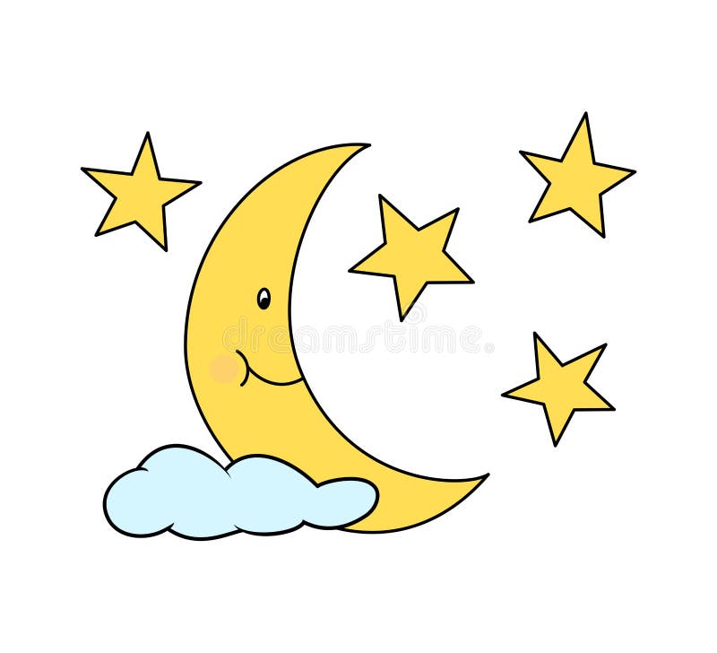 Cartoon Moon with Star and Cloud. Vector Illustration Isolated on White ...