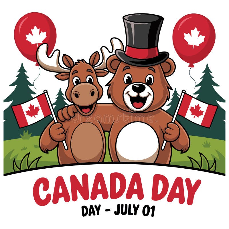 Cartoon Moose and Bear Celebrating Canada Day with Flags and Balloons ...