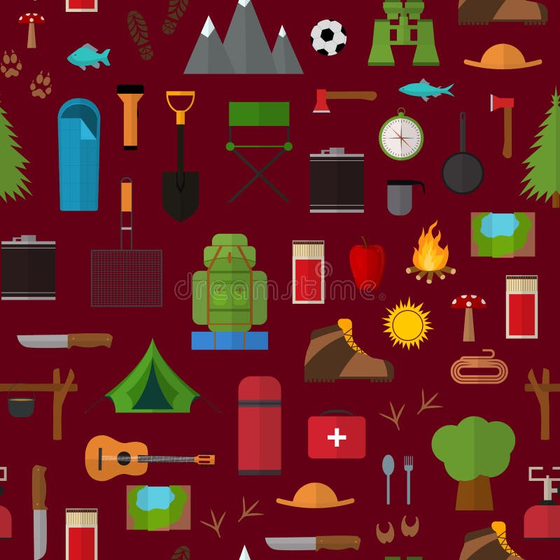 Cartoon Mountain Hike Elements Seamless Pattern Background. Vector ...