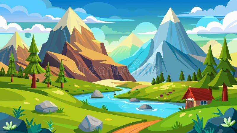 Cartoon Mountain Landscape stock vector. Illustration of spring - 343073318