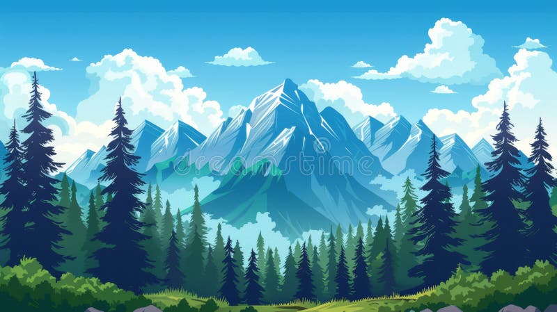 Cartoon Mountain Landscape with Pine Forest Stock Illustration ...