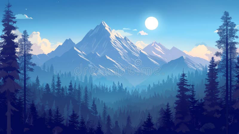 Cartoon Mountain Landscape at Sunrise Stock Illustration - Illustration ...