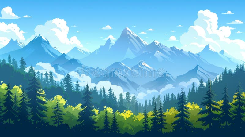 Cartoon Mountain Range with Pine Forest Stock Illustration ...