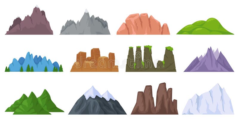Cartoon Mountains. Different Types of Rocks. Covered with Plants or ...