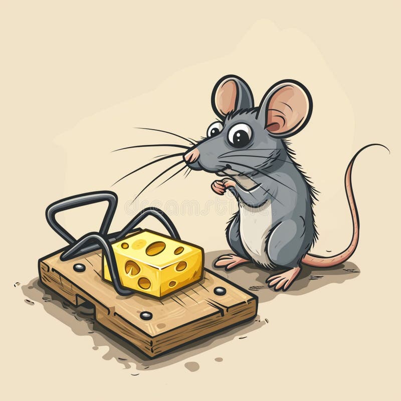 A Cartoon Mouse Curiously Explores a Cheese Baited Trap. Stock ...