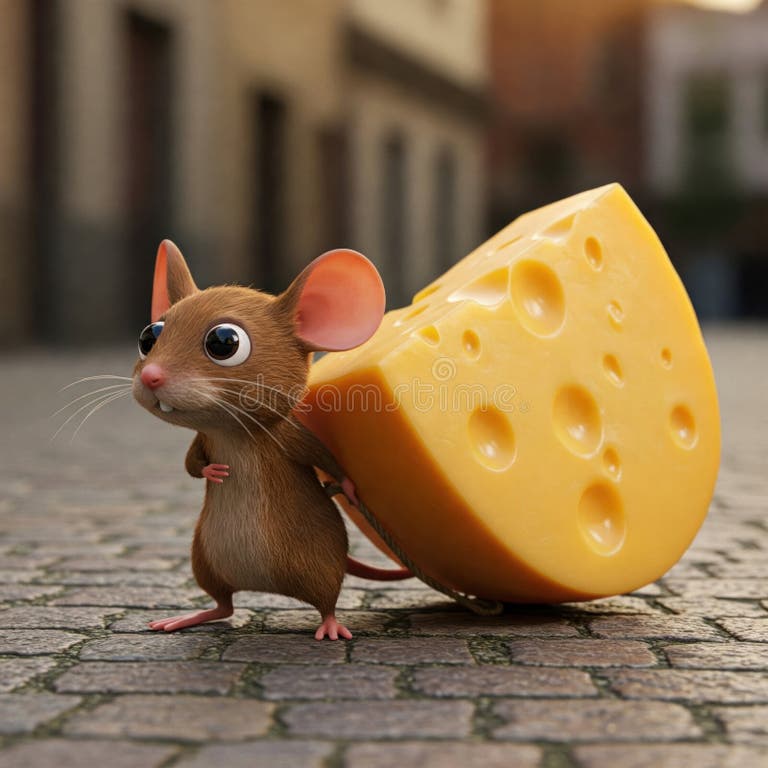 A Cartoon Mouse is Dragging a Giant Piece of Cheese. Stock Image ...