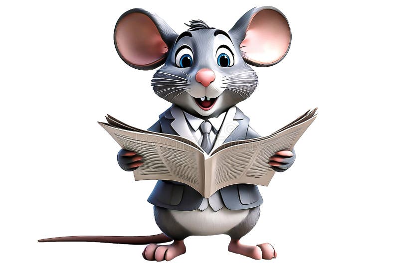 Cartoon Mouse Dressed in a Suit and Tie Reading a Newspaper on a White ...