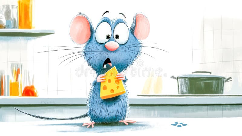 Cartoon Mouse Holding a Big Slice of Cheese in the Kitchen Stock Photo ...
