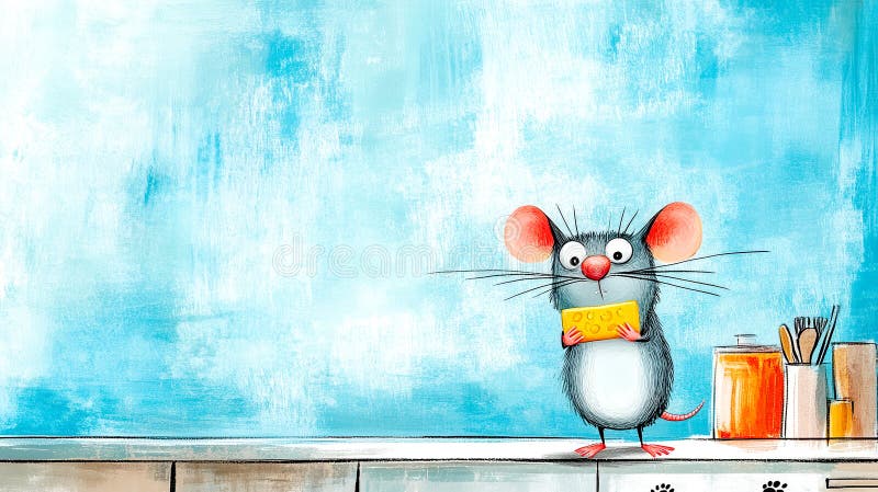 Cartoon Mouse Holding Cheese in Kitchen Illustration Stock Photo ...