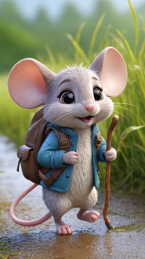 A Cartoon Mouse Walks Down a Path with a Backpack and Cane Stock Photo ...