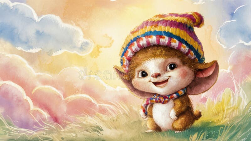 A Cartoon Mouse Wearing a Colorful Hat and Scarf in the Sky, AI Stock ...