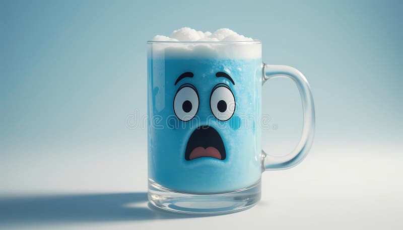 Cartoon Mug with a Scared Face, Blue Liquid, and Foam Stock ...
