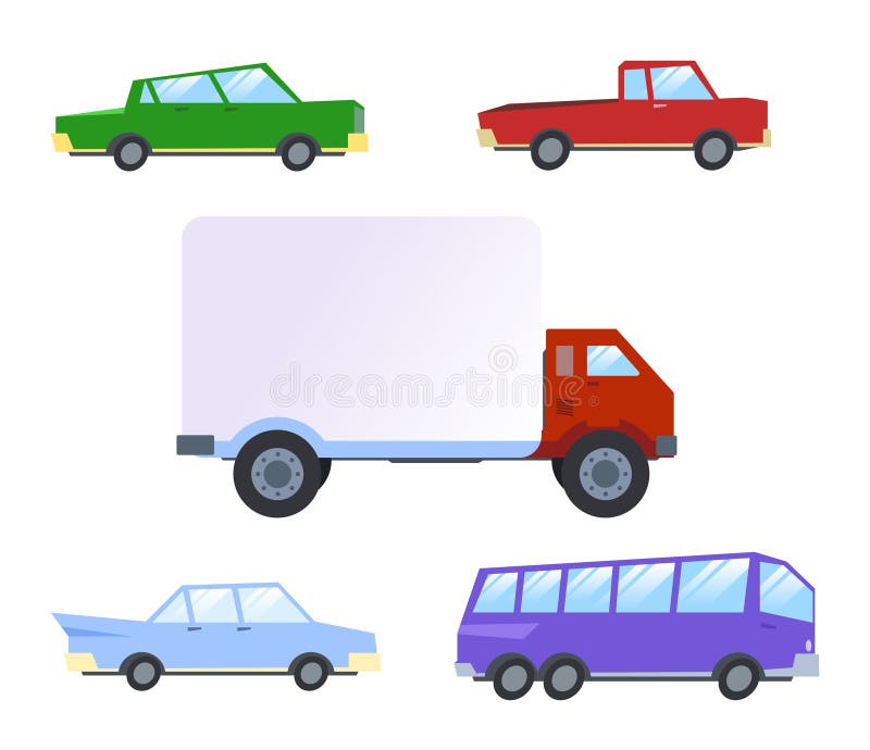 Cartoon Multi-colored Cars (5 Pieces). Cars, Bus and Pickup Stock ...