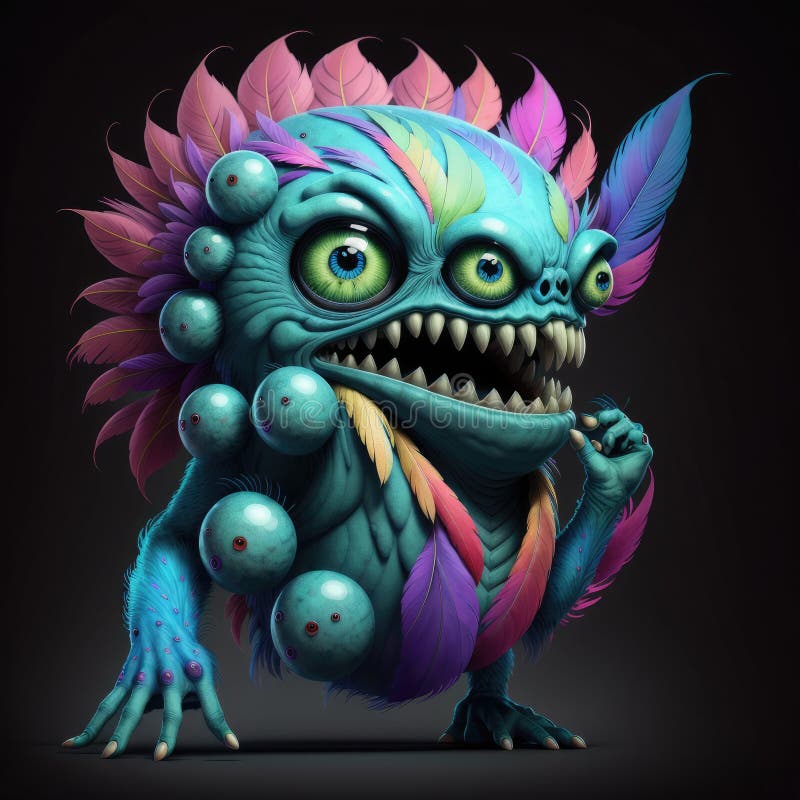 A Cartoon, Multicolored Monster with Teeth, Feathers. on a Solid ...