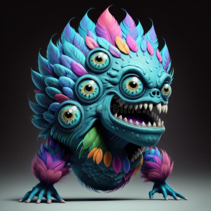 A Cartoon, Multicolored Monster with Teeth, Feathers. on a Solid ...