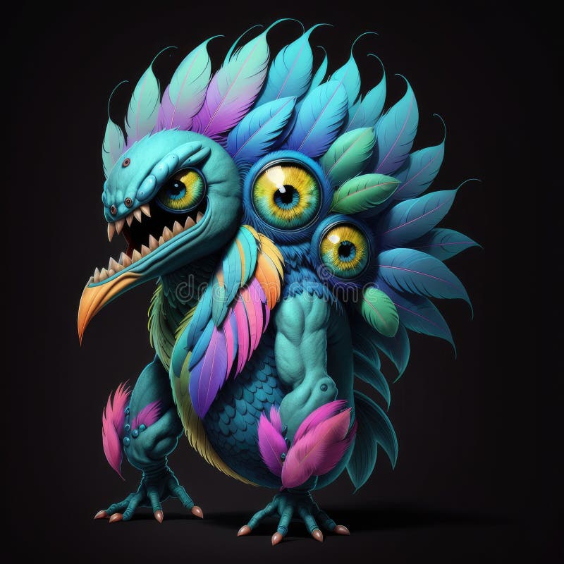 A Cartoon, Multicolored Monster with Teeth, Feathers. on a Solid ...