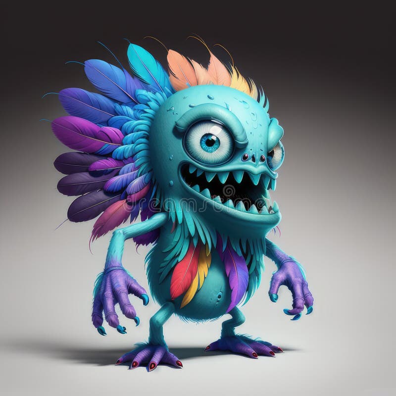 A Cartoon, Multicolored Monster with Teeth, Feathers. on a Solid ...
