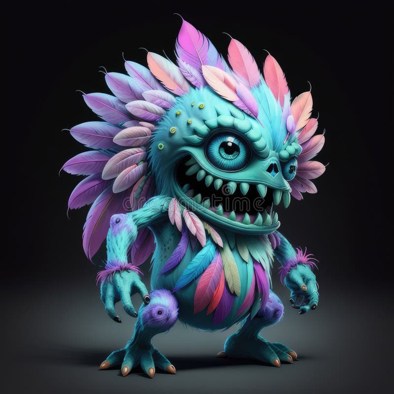 A Cartoon, Multicolored Monster with Teeth, Feathers. on a Solid ...