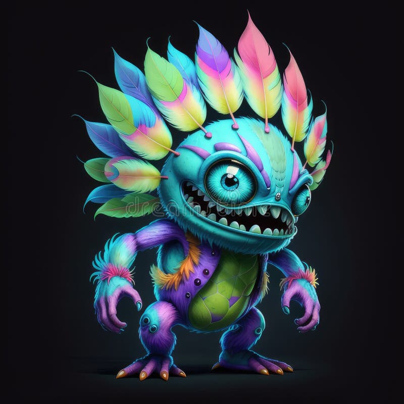 A Cartoon, Multicolored Monster with Teeth, Feathers. on a Solid ...