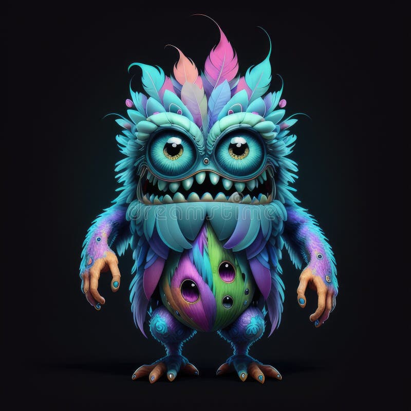 A Cartoon, Multicolored Monster with Teeth, Feathers. on a Solid ...