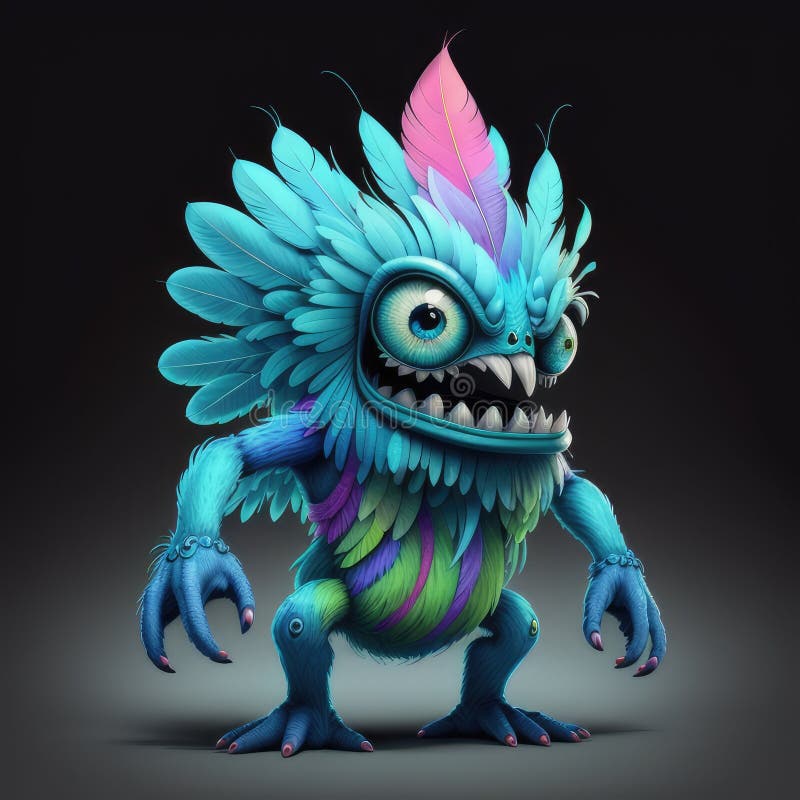 A Cartoon, Multicolored Monster with Teeth, Feathers. on a Solid ...