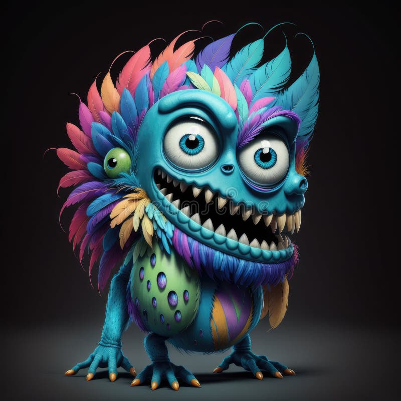 A Cartoon, Multicolored Monster with Teeth, Feathers. on a Solid ...