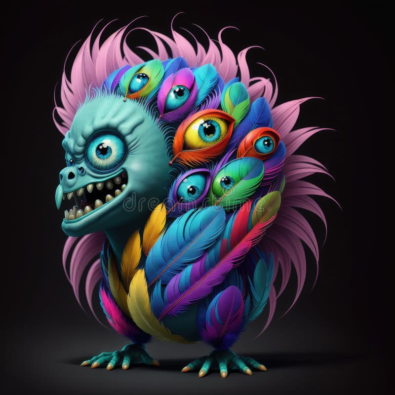 A Cartoon, Multicolored Monster with Teeth, Feathers. on a Solid ...