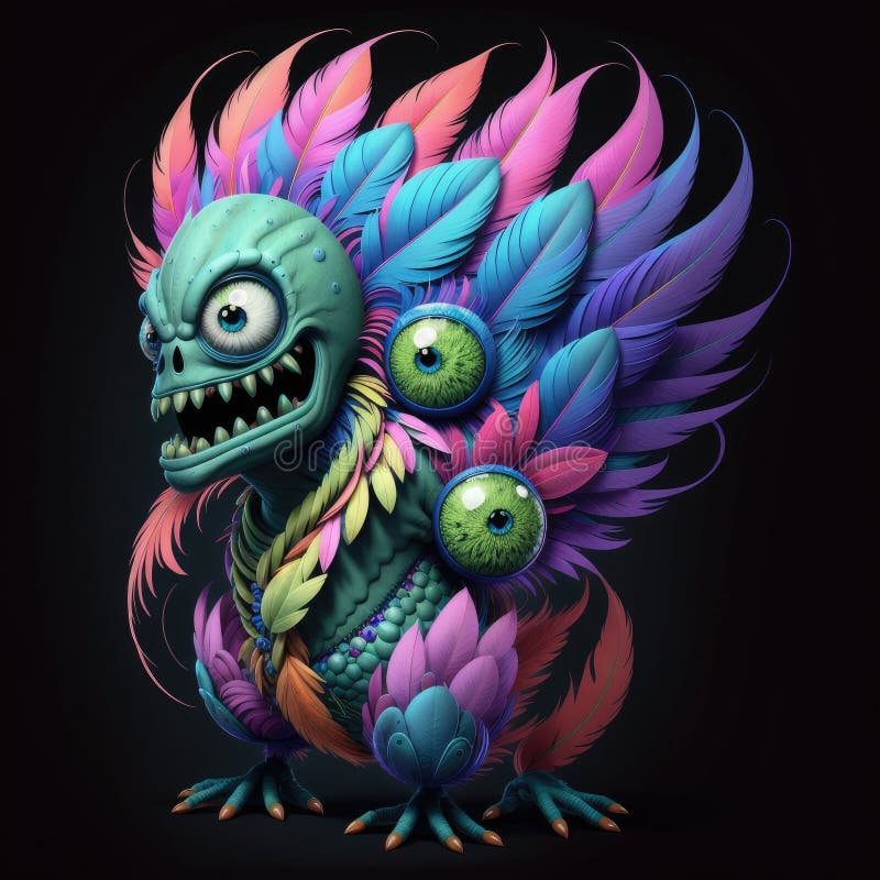 A Cartoon, Multicolored Monster with Teeth, Feathers. on a Solid ...