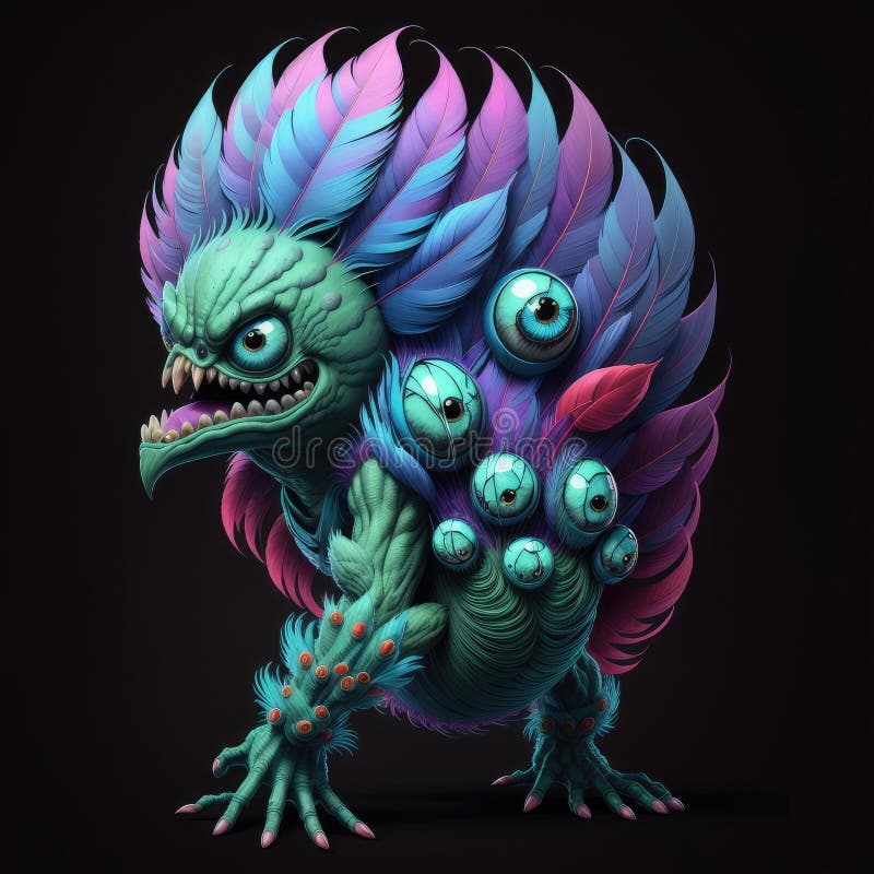 A Cartoon, Multicolored Monster with Teeth, Feathers. on a Solid ...