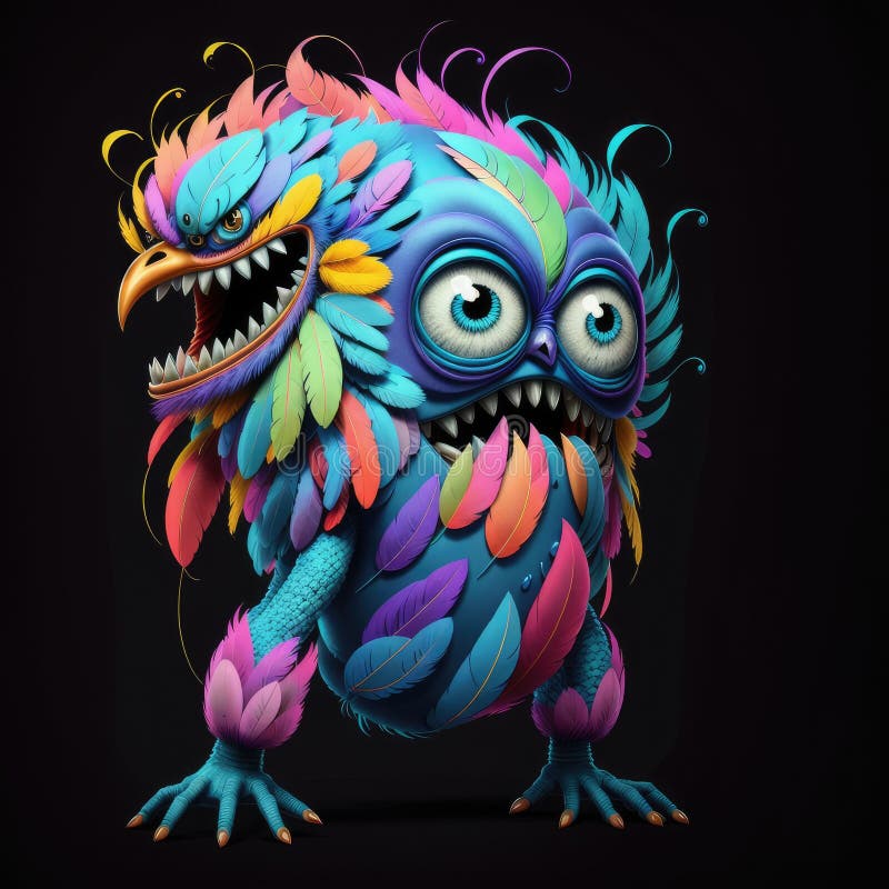 A Cartoon, Multicolored Monster with Teeth, Feathers. on a Solid ...