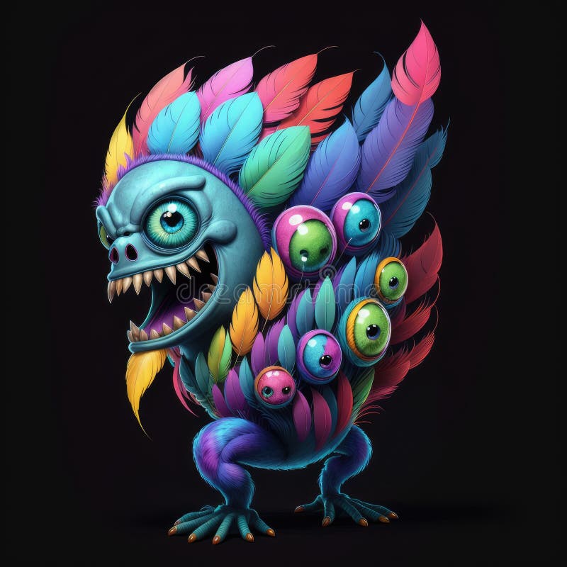 A Cartoon, Multicolored Monster with Teeth, Feathers. on a Solid ...