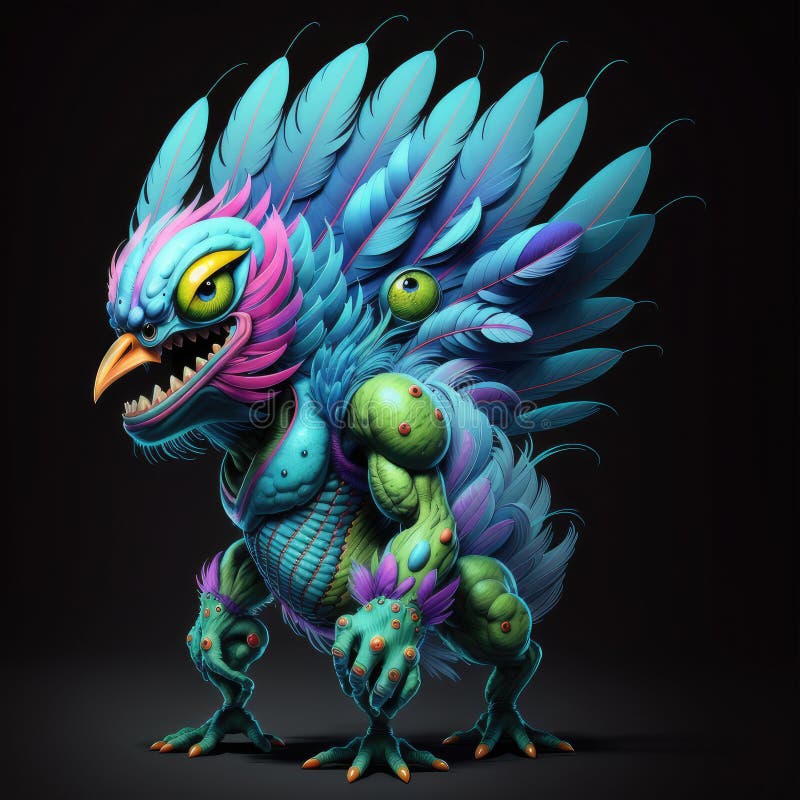 A Cartoon, Multicolored Monster with Teeth, Feathers. on a Solid ...