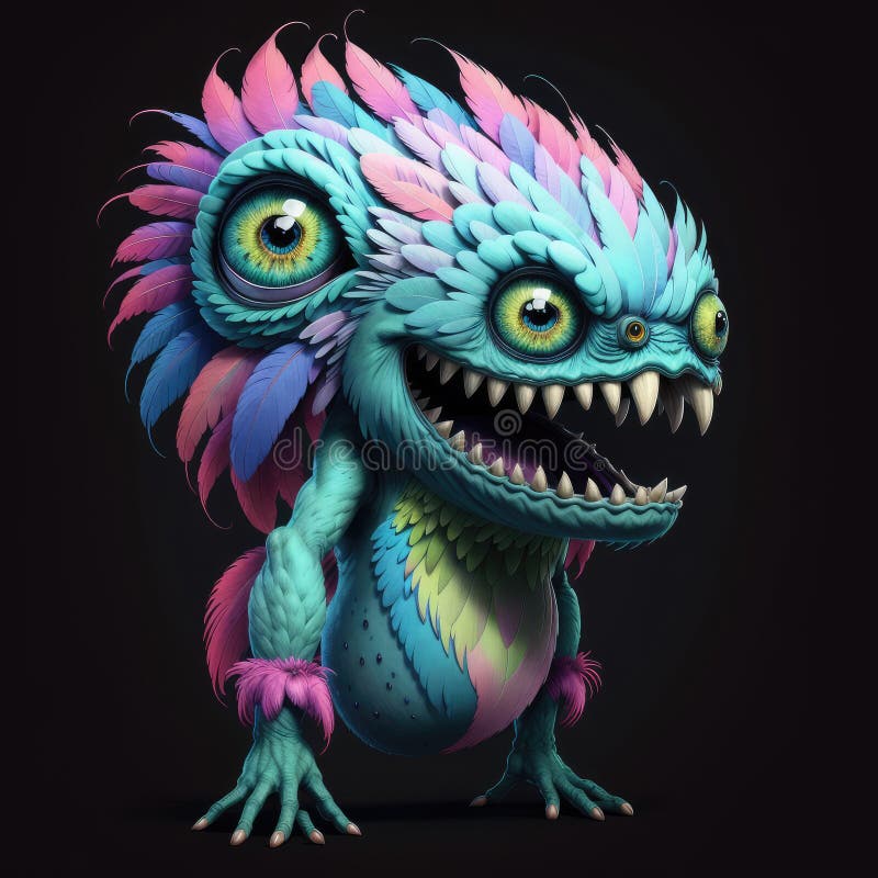 A Cartoon, Multicolored Monster with Teeth, Feathers. on a Solid ...