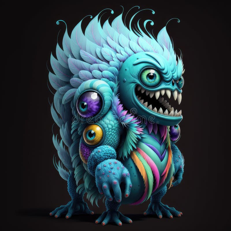 A Cartoon, Multicolored Monster with Teeth, Feathers. on a Solid ...