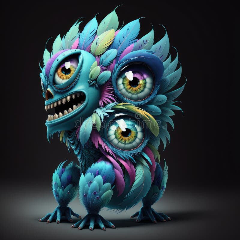 A Cartoon, Multicolored Monster with Teeth, Feathers. on a Solid ...