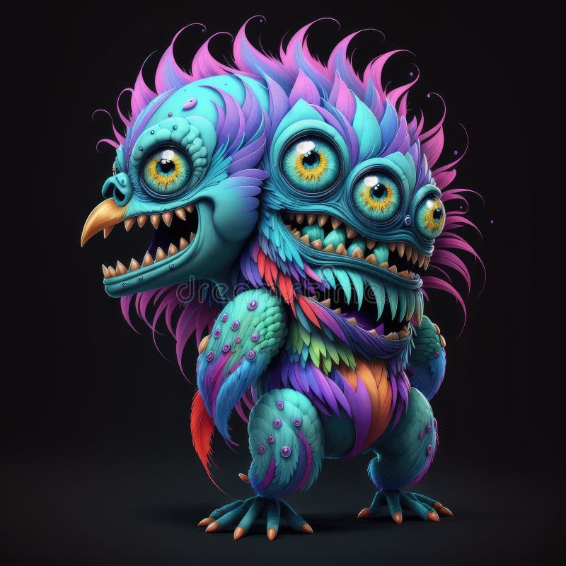 A Cartoon, Multicolored Monster with Teeth, Feathers. on a Solid ...