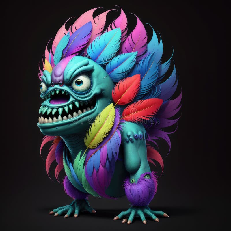 A Cartoon, Multicolored Monster with Teeth, Feathers. on a Solid ...