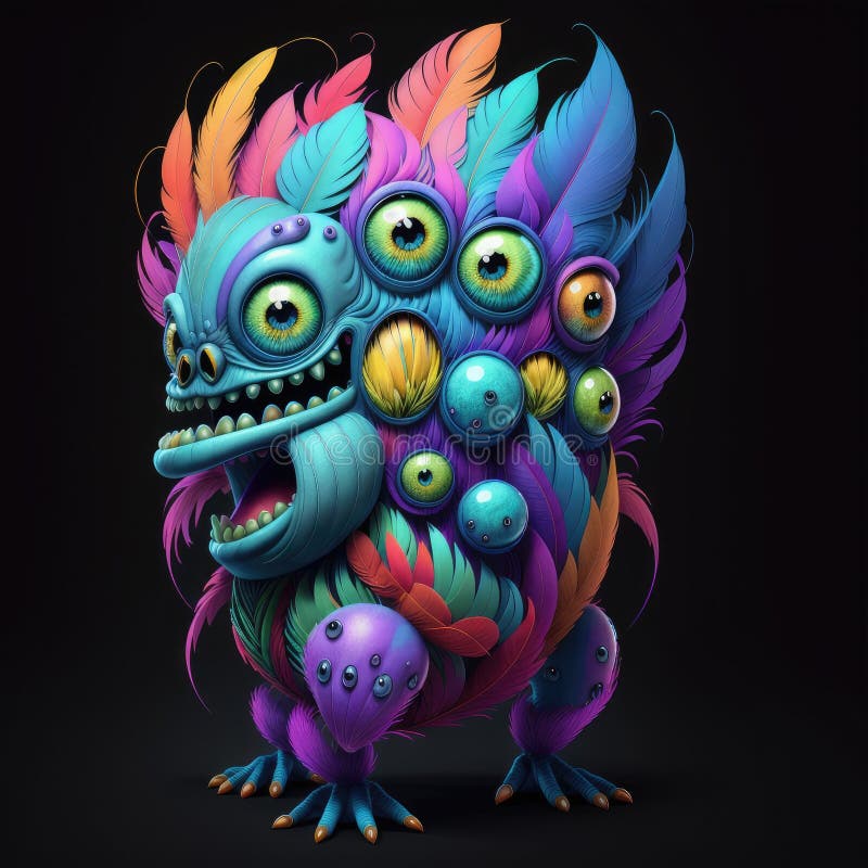 A Cartoon, Multicolored Monster with Teeth, Feathers. on a Solid ...