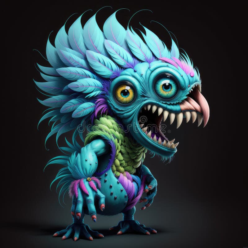 A Cartoon, Multicolored Monster with Teeth, Feathers. on a Solid ...