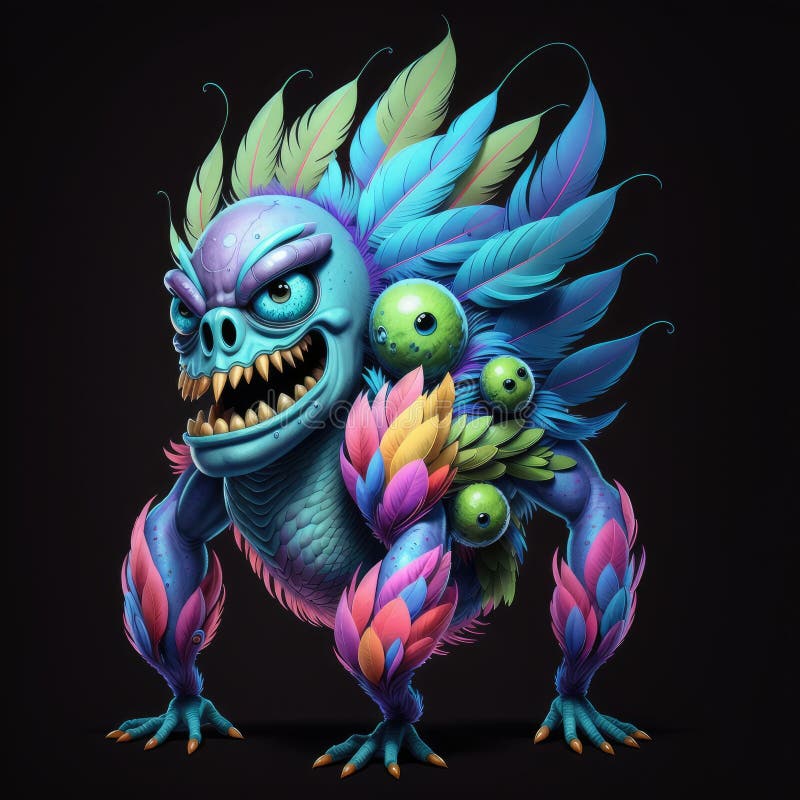 A Cartoon, Multicolored Monster with Teeth, Feathers. on a Solid ...