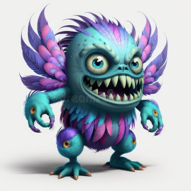 A Cartoon, Multicolored Monster with Teeth, Feathers. on a Solid ...
