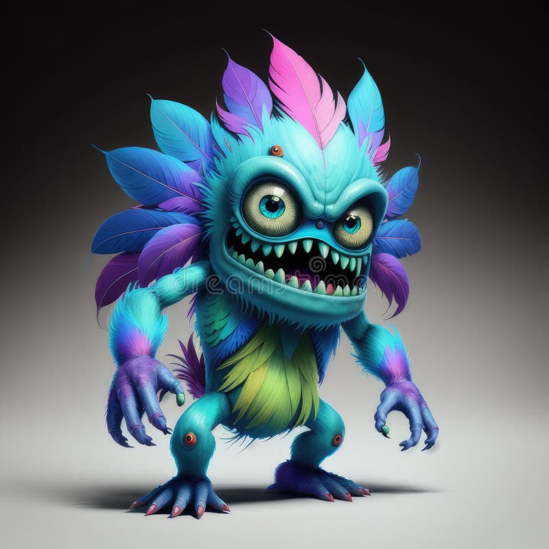 A Cartoon, Multicolored Monster with Teeth, Feathers. on a Solid ...