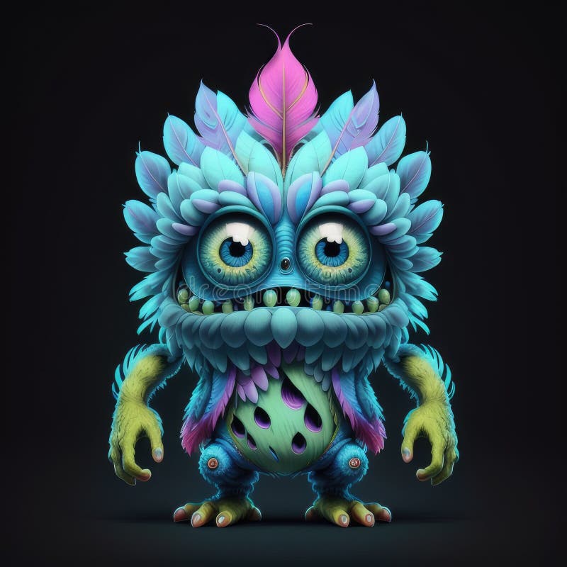 A Cartoon, Multicolored Monster with Teeth, Feathers. on a Solid ...