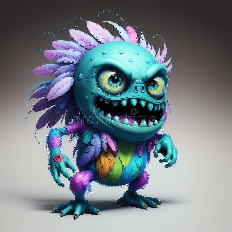 A Cartoon, Multicolored Monster with Teeth, Feathers. on a Solid ...