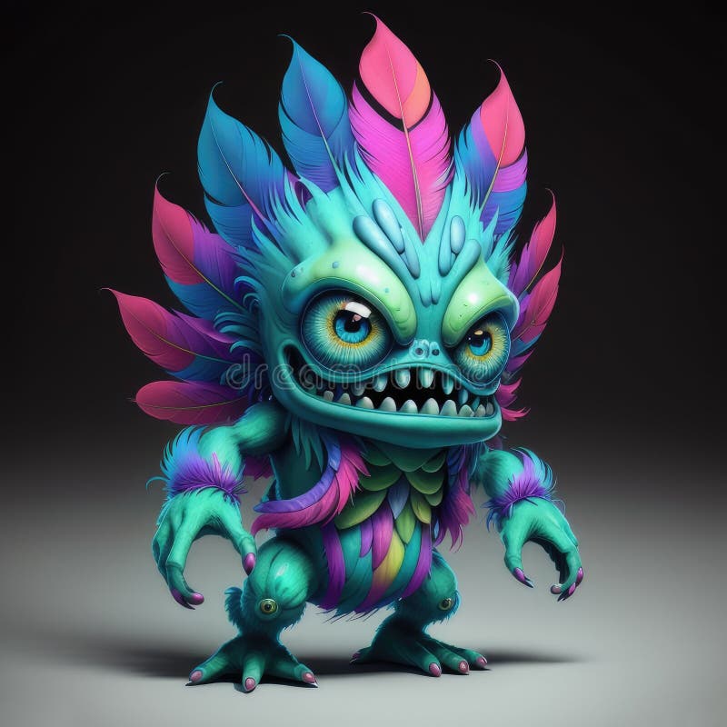 A Cartoon, Multicolored Monster with Teeth, Feathers. on a Solid ...